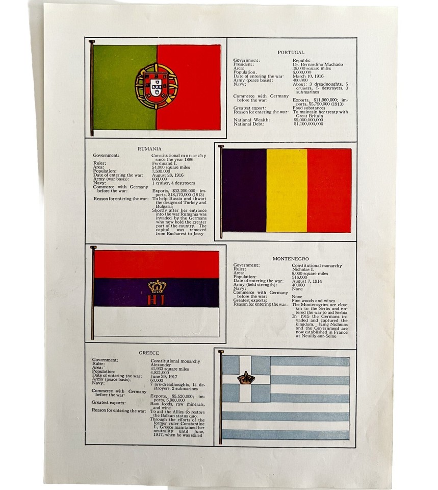 Flags Of WW1 Lithograph 1918 Portugal Rumania Montenegro Greece ...