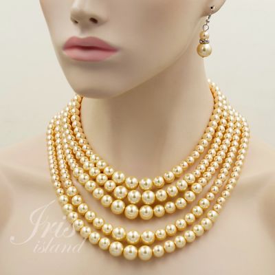 Gold Pearl Multi Layered Strand String Necklace Earrings Chunky Jewelry ...