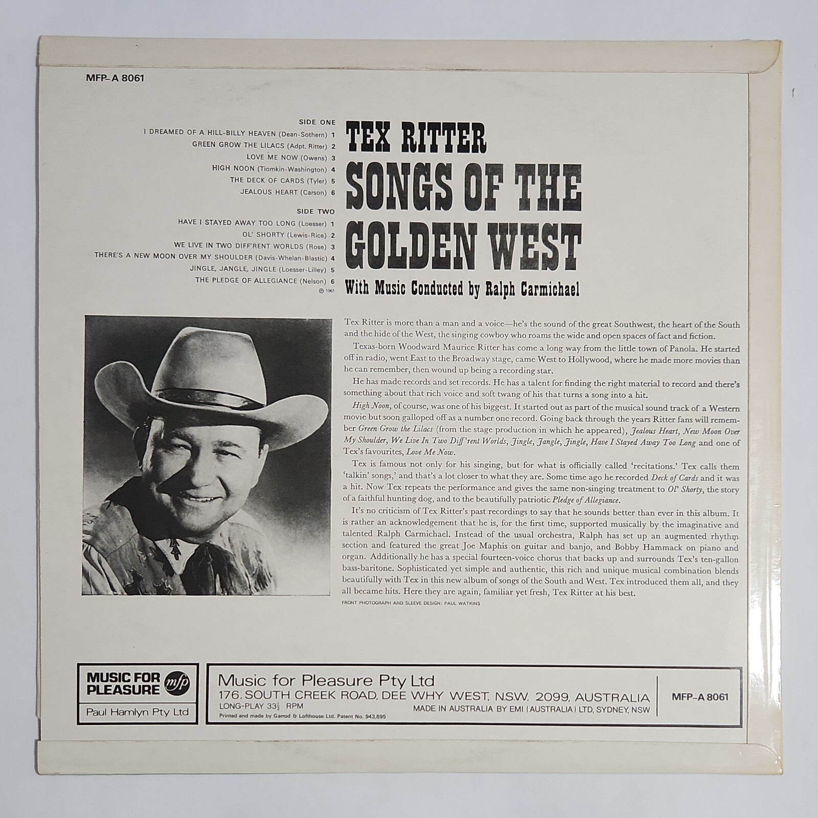 TEX RITTER - 'Songs Of The Golden West' 12" Vinyl LP Record AUST ...