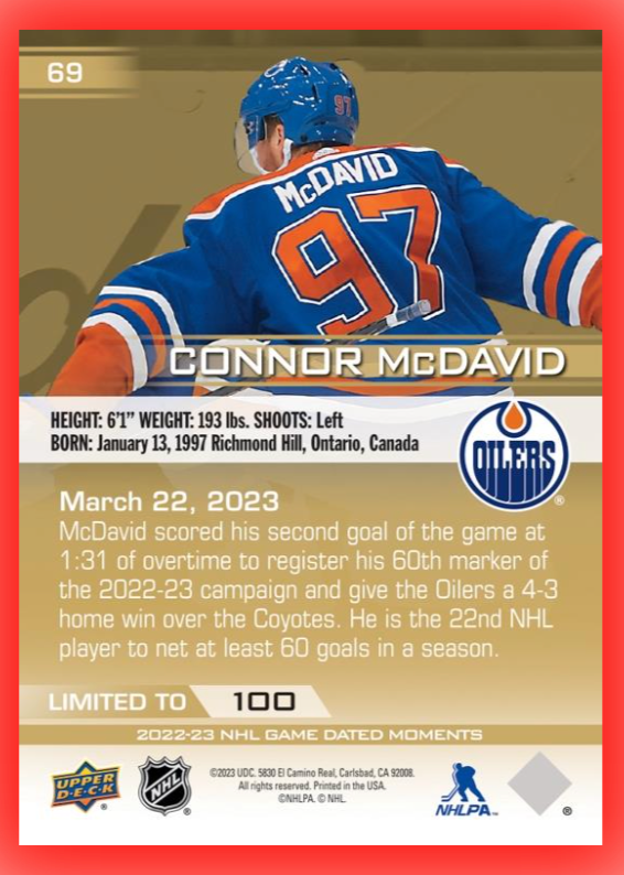 PRESALE GOLD Connor McDavid 60th goal #/100 - 2022-23 UD Game Dated ...