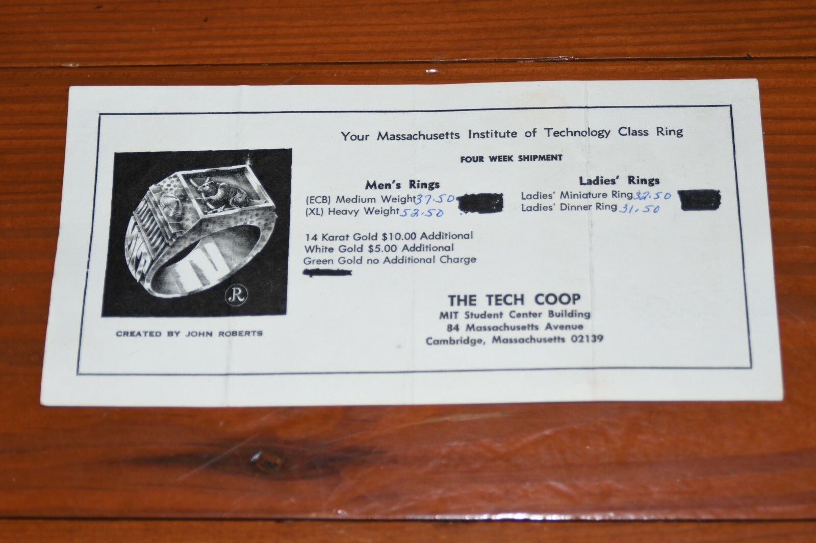 The Tech Coop MIT Class Ring Order Form 1960s Massachusetts Institute ...