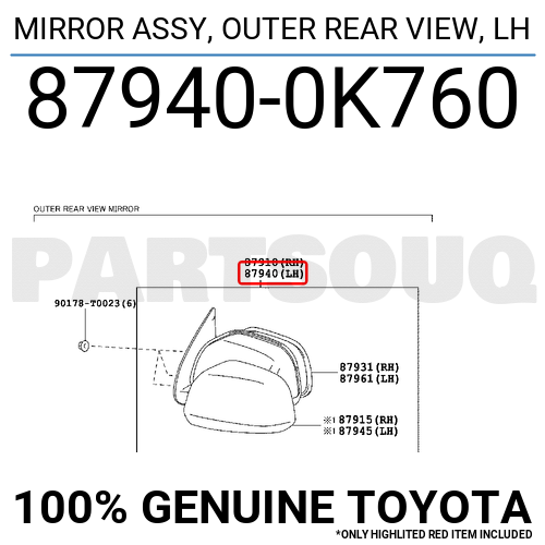 879400K760 Genuine Toyota MIRROR ASSY, OUTER REAR VIEW, LH 87940-0K760 ...