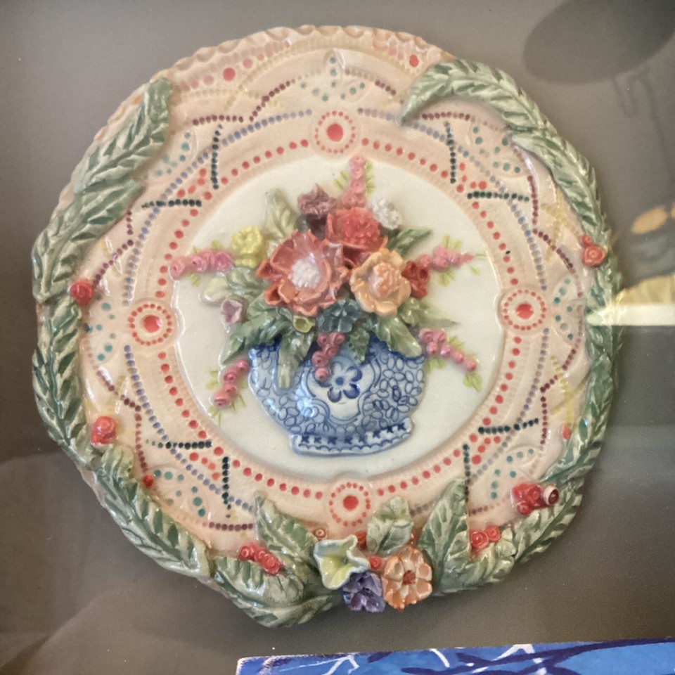 3d plate shadow box cottage core ceramic shabby art raised flowers ...