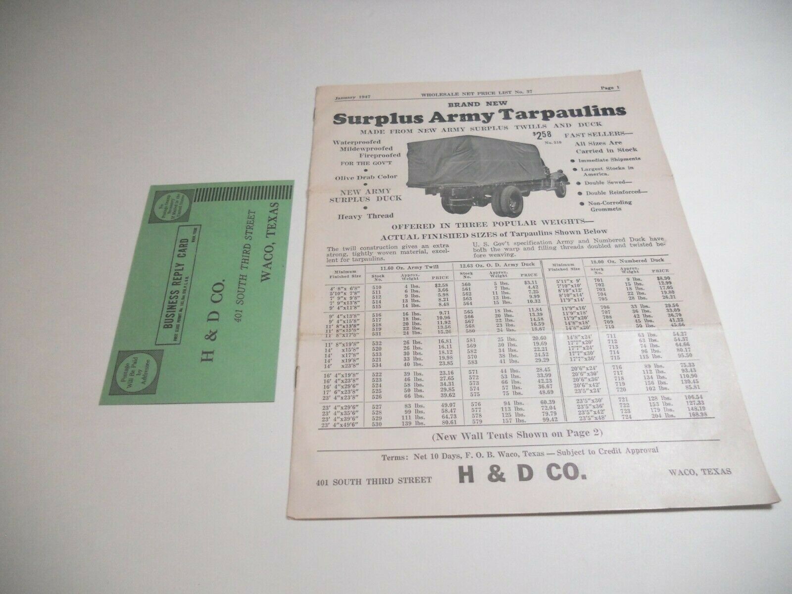 VINTAGE 1947 ARMY SURPLUS SUPPLY LIST~H & D Co. WACO TEXAS | eBay