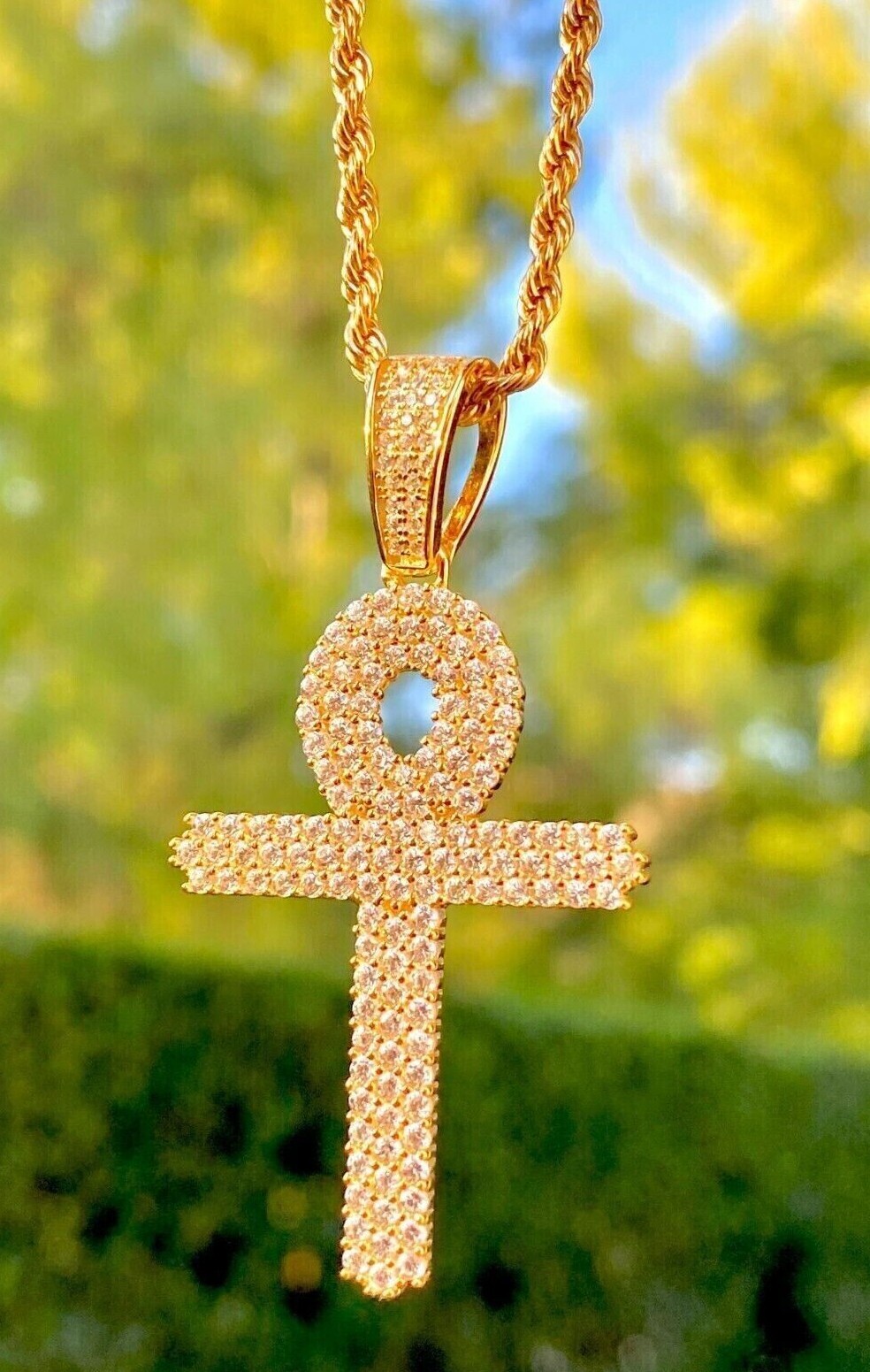 Mens Ankh Cross Protection Hamsa Cz VVS Icy Pendant 925 Silver Gold ...