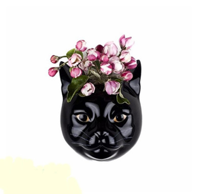 Black Cat Head Figurine Hang Vase Wall Mount Ceramic Flower Plant Home ...