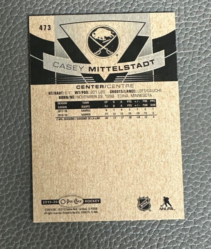 2019-20 O-Pee-Chee Hockey Gold Border Glossy #473 Casey Mittelstadt ...