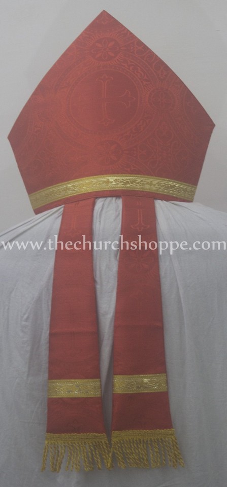New Red Mitre with IHS embroidery,mitra,Bishop's Mitre, New | eBay