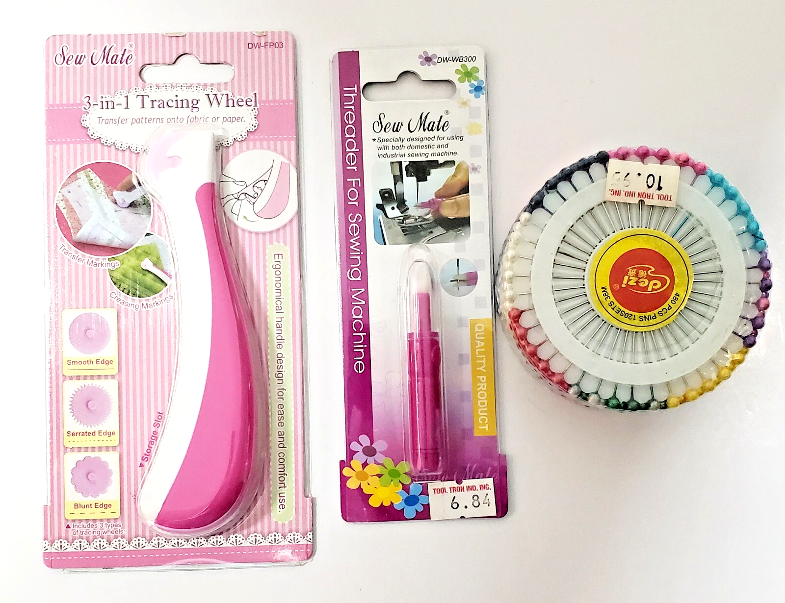 3 pc sewing lot. Sewmate tracing wheel, Dezi straight pins & Sewmate ...