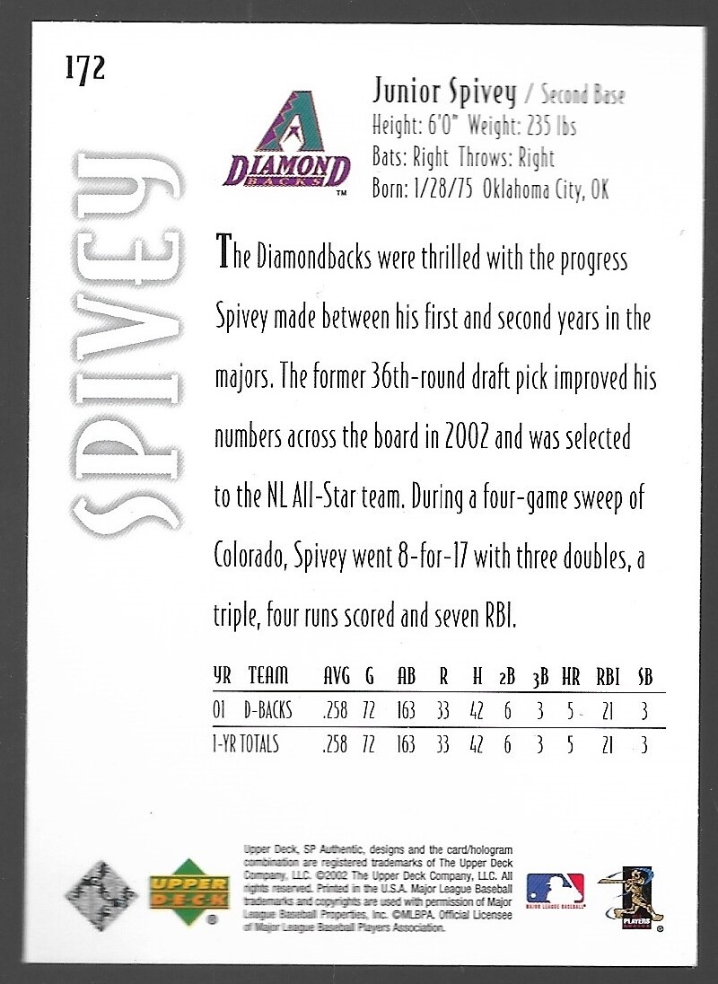 2002 Upper Deck SP Authentic Junior Spivey 172 Arizona Diamondbacks ...