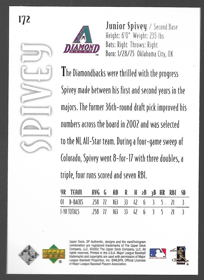 2002 Upper Deck SP Authentic Junior Spivey 172 Arizona Diamondbacks ...