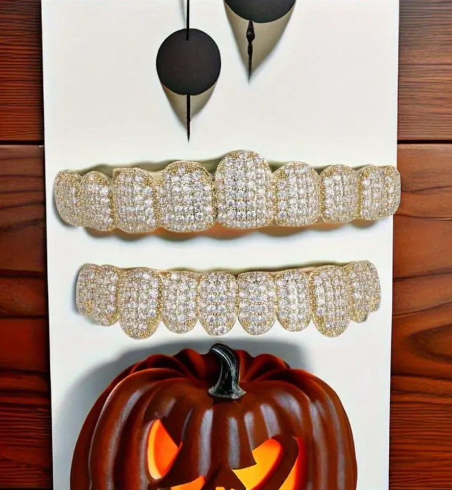 SOLID 925 Gold Simulated Diamonds Custom GRILLZ Teeth Top Bottom Set ...