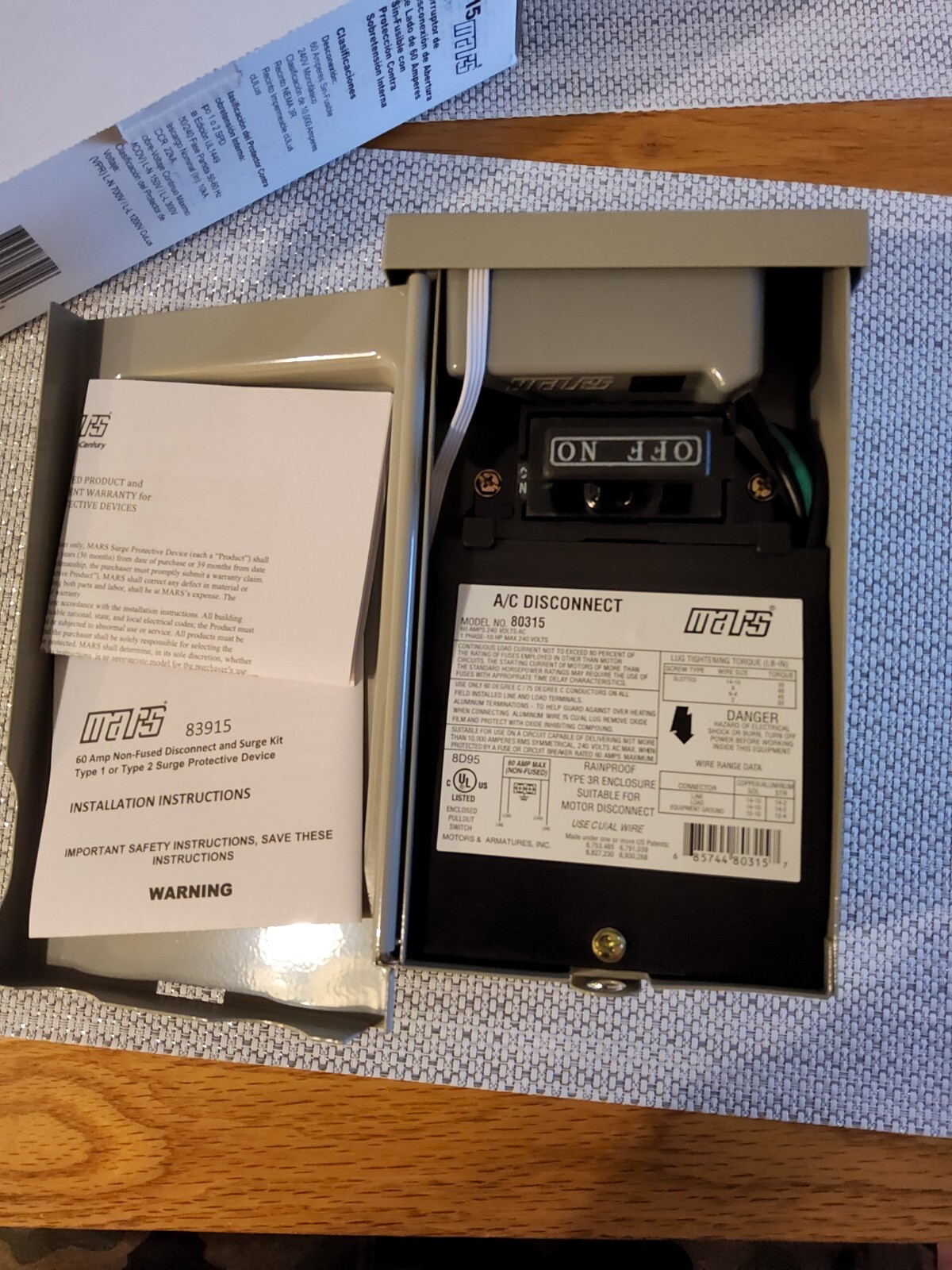 MARS- 83915 - 60A Non-Fused A/C Disconnect w/ Side Open, Surge ...