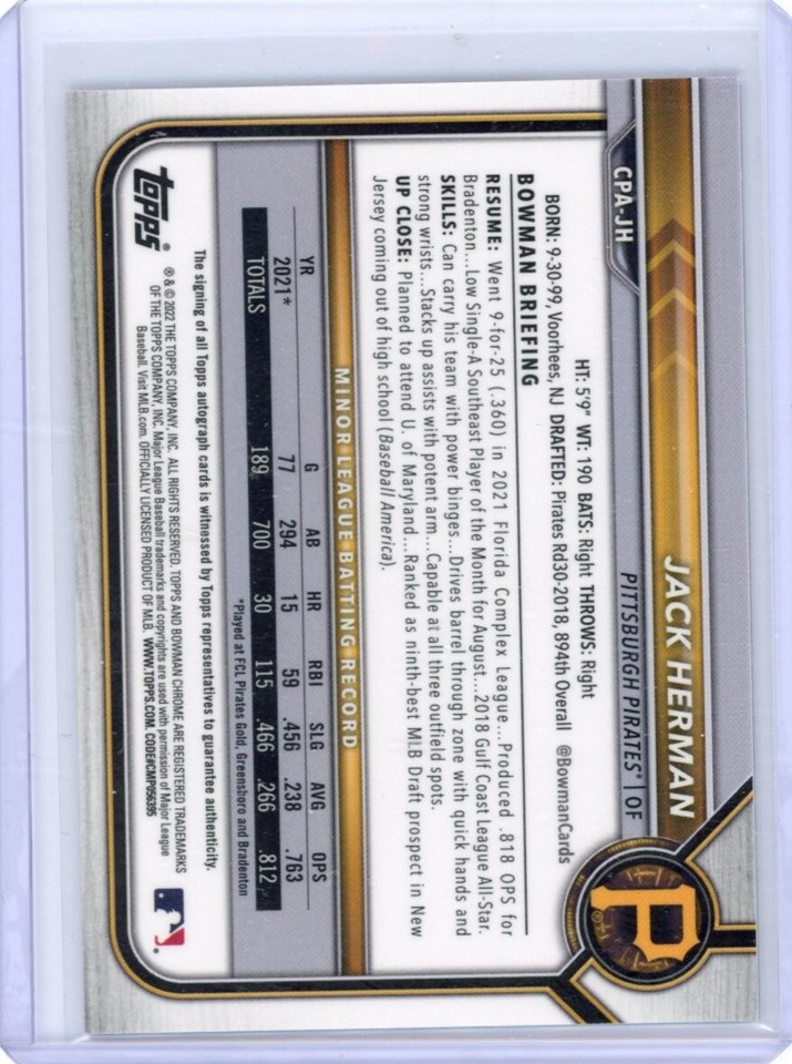 Jack Herman 2022 Bowman Chrome Prospect Auto Speckle /299 #CPA-JH ...