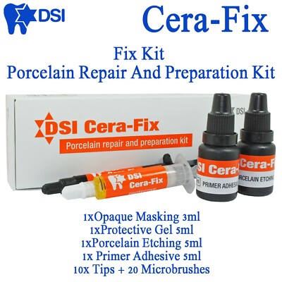 DSI Cera-Fix Kit Full Dental Porcelain Gel Ceramic Metal Repair Etch ...