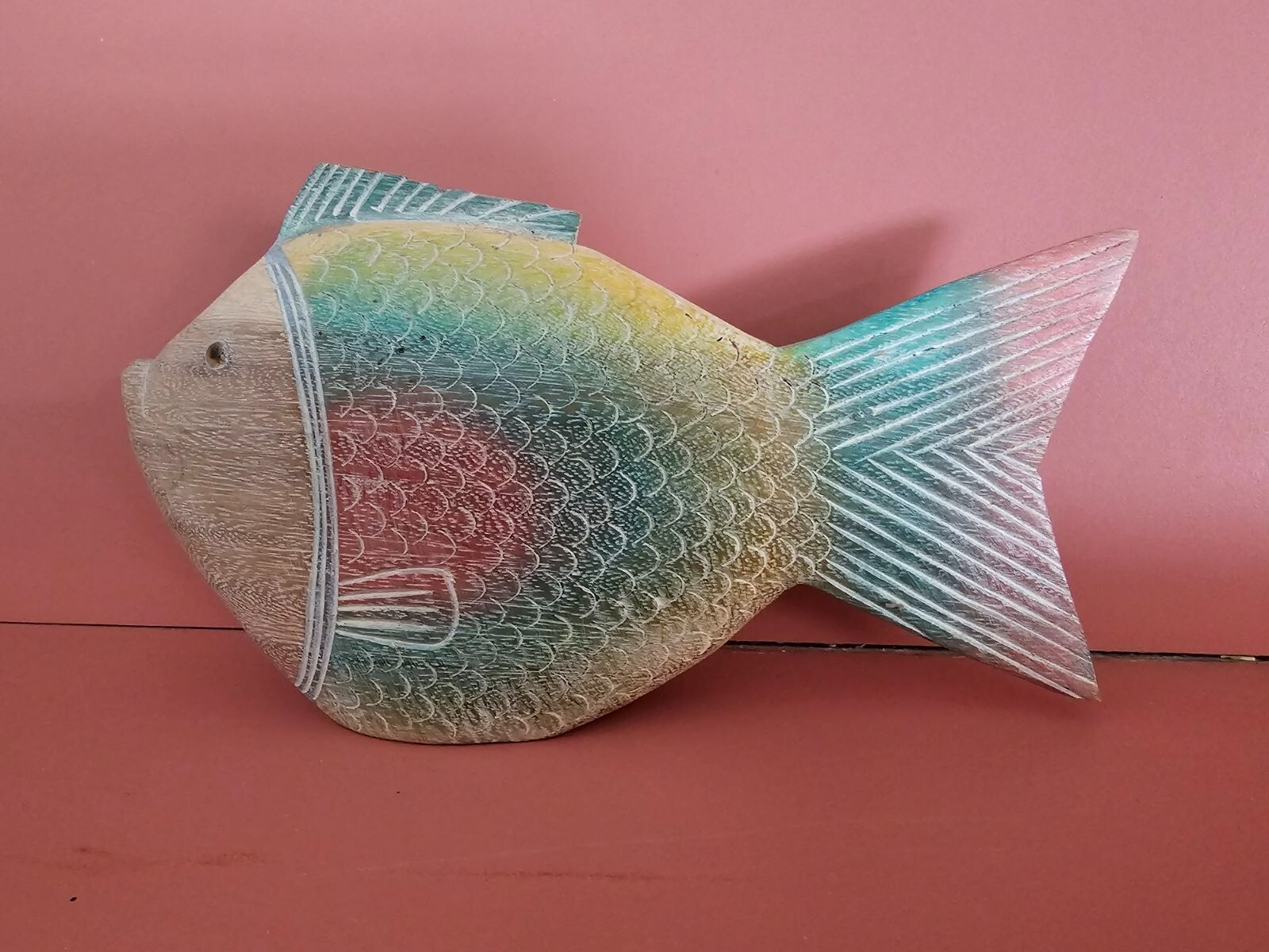 Fish Figurine Hand Carved & Painted On Wood 10” X 7” Mantle Shelf Decor ...