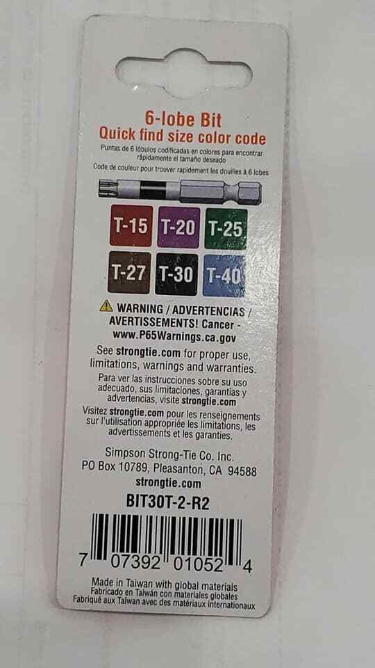 Simpson Strong-Tie Bit 30T-2-R2 T30X2" Torx Power Drive Tip (2 pack) | eBay