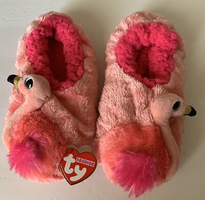 TY Fashion KIDS GILDA Pink FLAMINGO SLIPPERS 4-6 NEW Soft Faux Fur ...