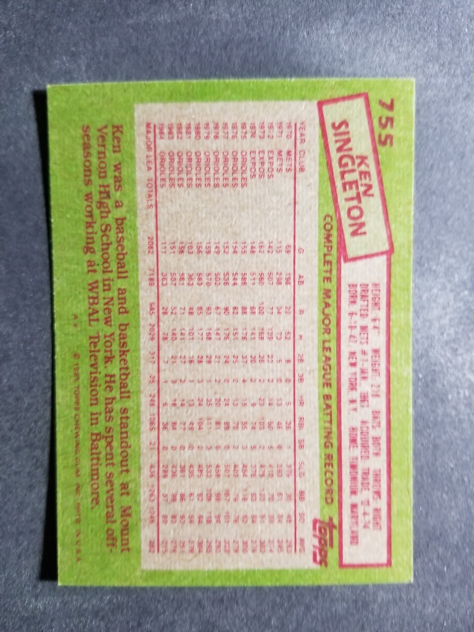1985 Topps KEN SINGLETON card # 755 [card 1] | eBay