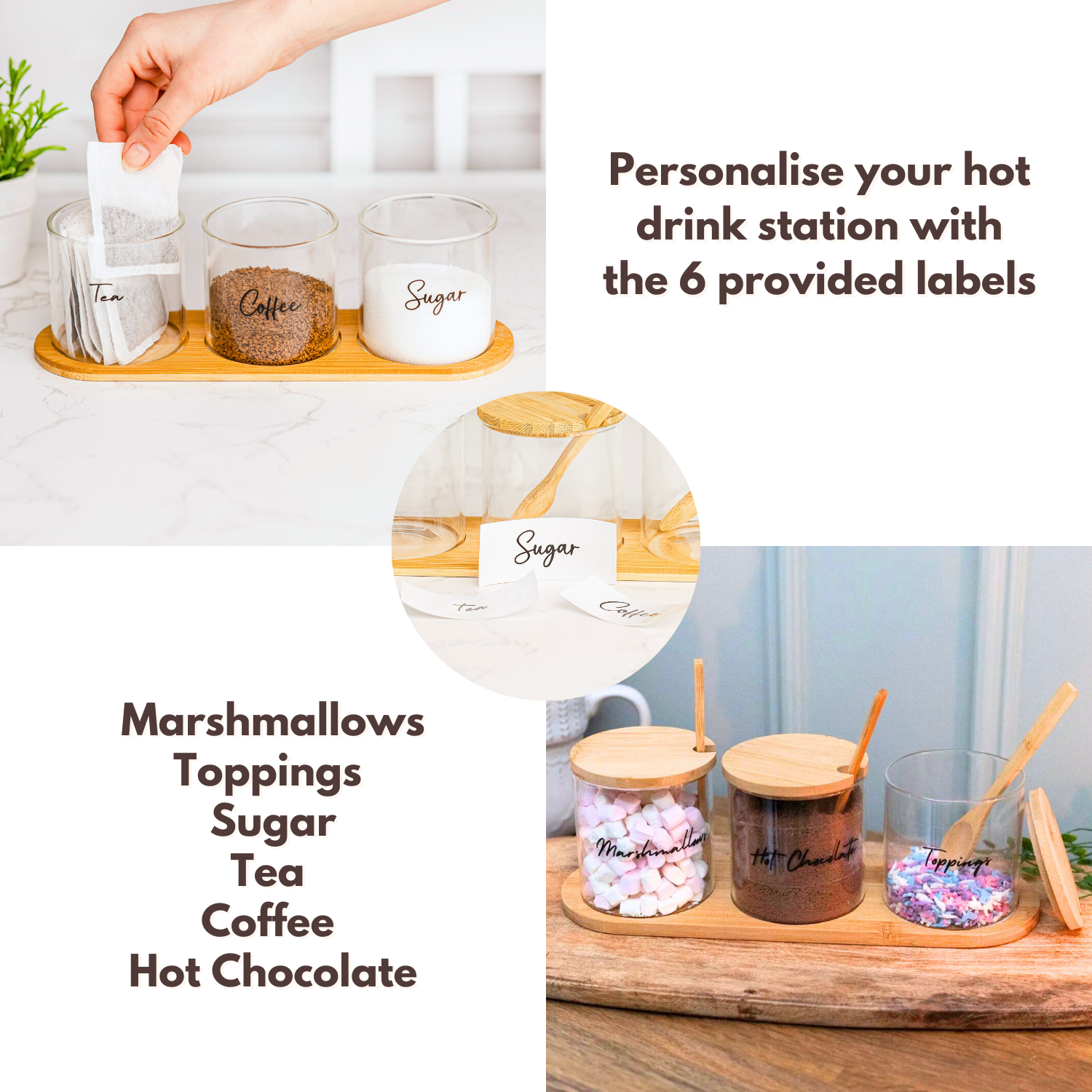 Hot Drinks Station Set 3pc Glass Jars Storage Wooden Lids Chocolate Tea ...
