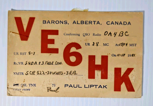 Barons Alberta Canada QSL Card VE6HK Call Letters Amateur Ham Radio ...