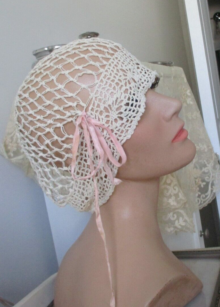 Vintage Crochet Boudoir Night Cap Sleeping Bonnet Hat - Gem
