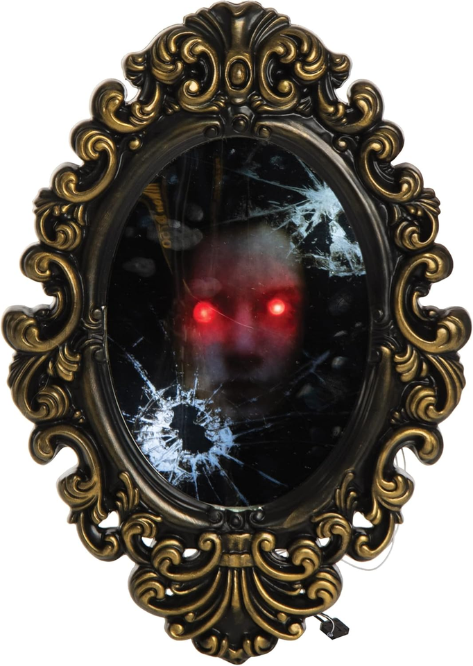 9" X 13" Broken Effect Mirror with Creepy Face Red Eyes Ghost Halloween ...