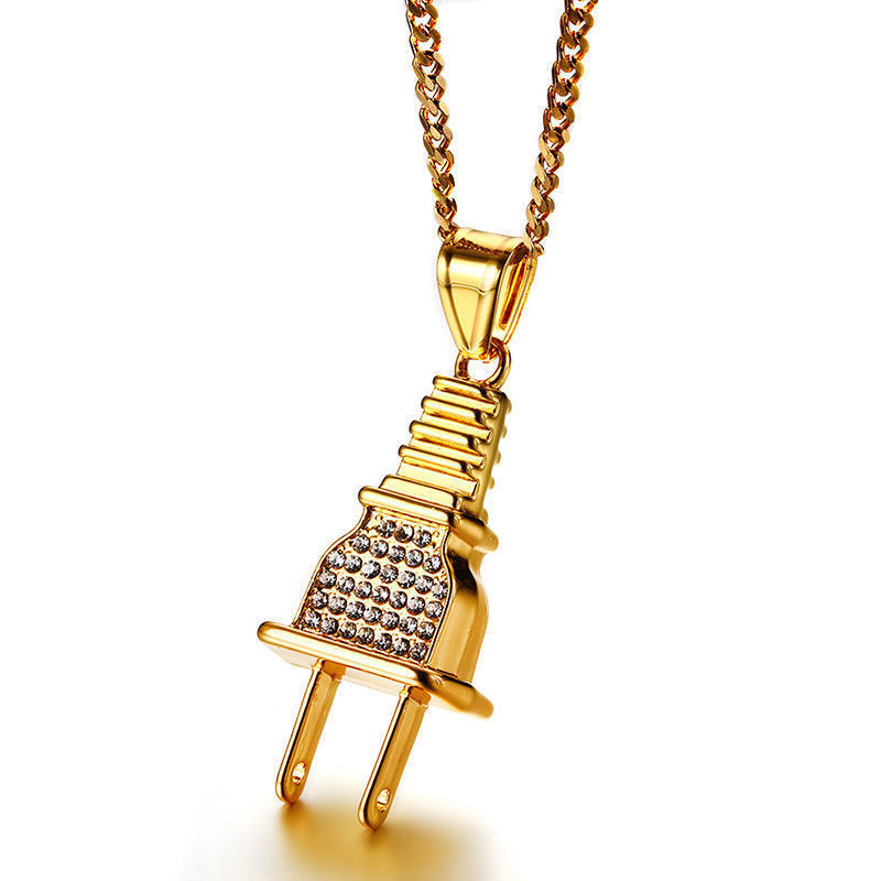New Gold Tone Metal Plug Out Lightning Necklace Chain Rhinestone USA ...