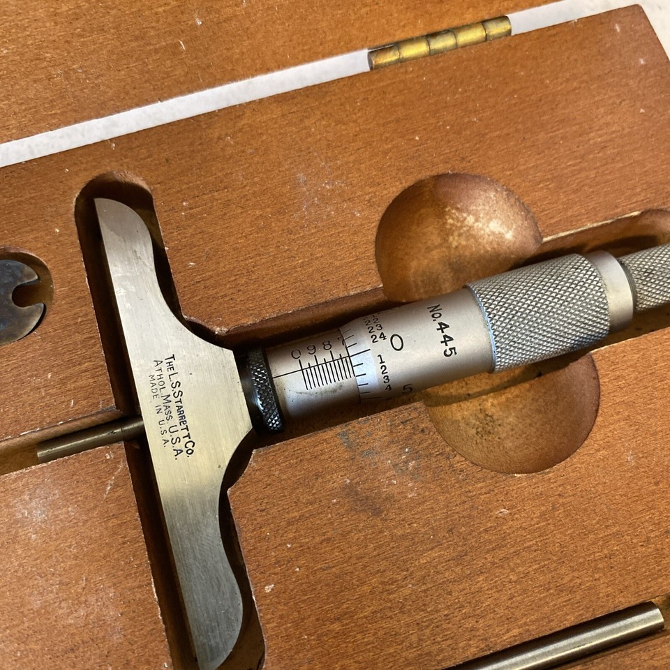 Vintage Starrett No. 445 Micrometer Depth Gage Machinist Tool In Wooden Box | eBay