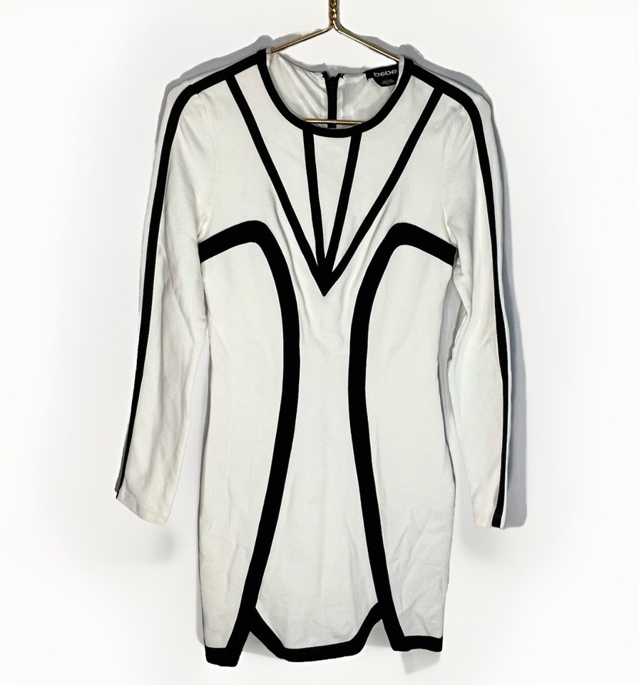 Bebe black ivory white colorblock ponte long sleeve top dress Sz S ...