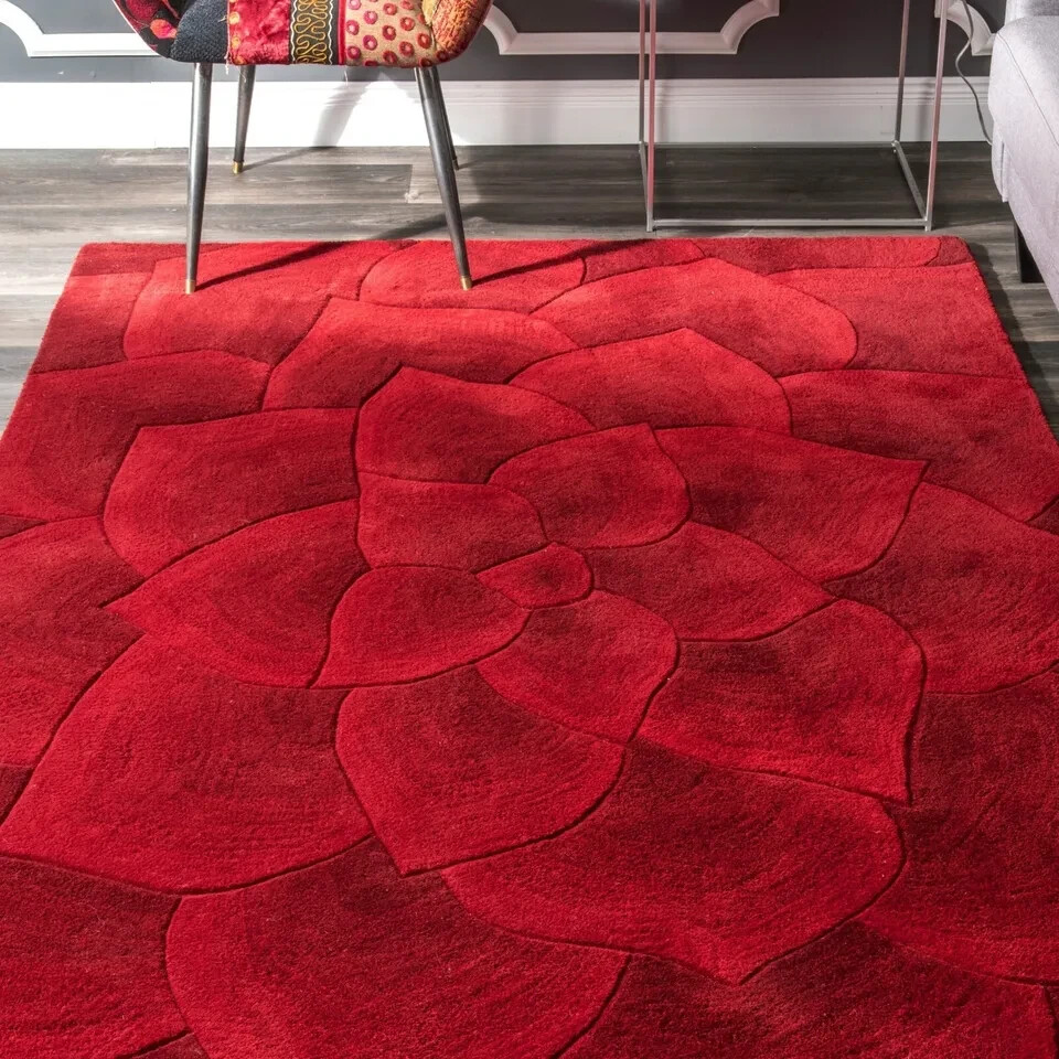 Hand Tufted Red Rose Rug 100% Wool Rugs For Living Room Bedroom Hallway ...