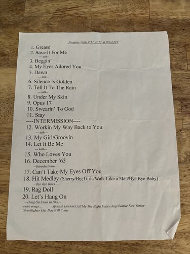 Frankie Valli 9/11/2022 Concert Song Play List Stagehand Swag | eBay