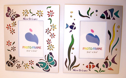 LOT OF 2 STAINED GLASS & SILVER PICTURE FRAMES 6" X 5" HOLDS 2 1/2" x 3 ...