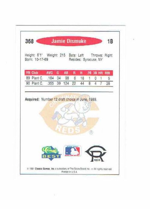 Jamie Dismuke Cedar Rapids Reds 1B #368 Classic Best 1991 Baseball Card ...
