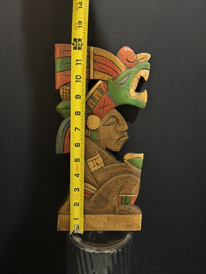 Mexican Hand Carved & Painted Wooded Mayan Aztec 12" Folk Wall Art w ...