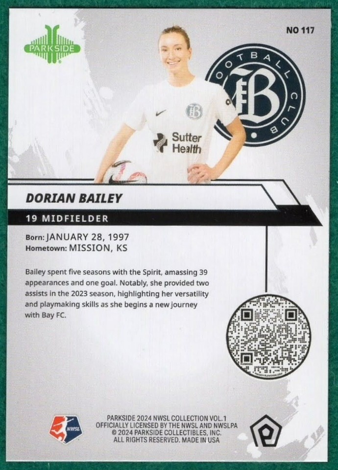 Dorian Bailey - 2024 Parkside NWSL #117 - Bay FC Soccer Card | eBay