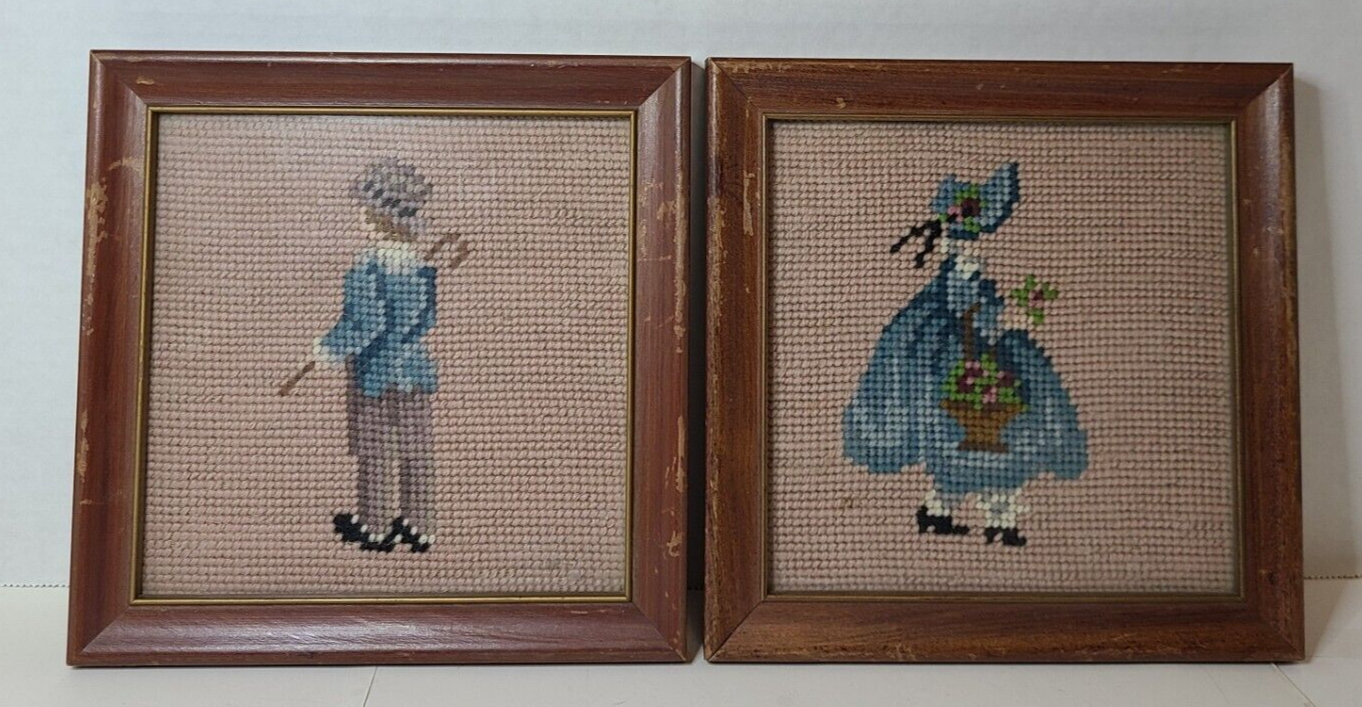 Set Of 2 Needlepoint Blue Boy Blue Girl Vintage Paper Backing Framed ...