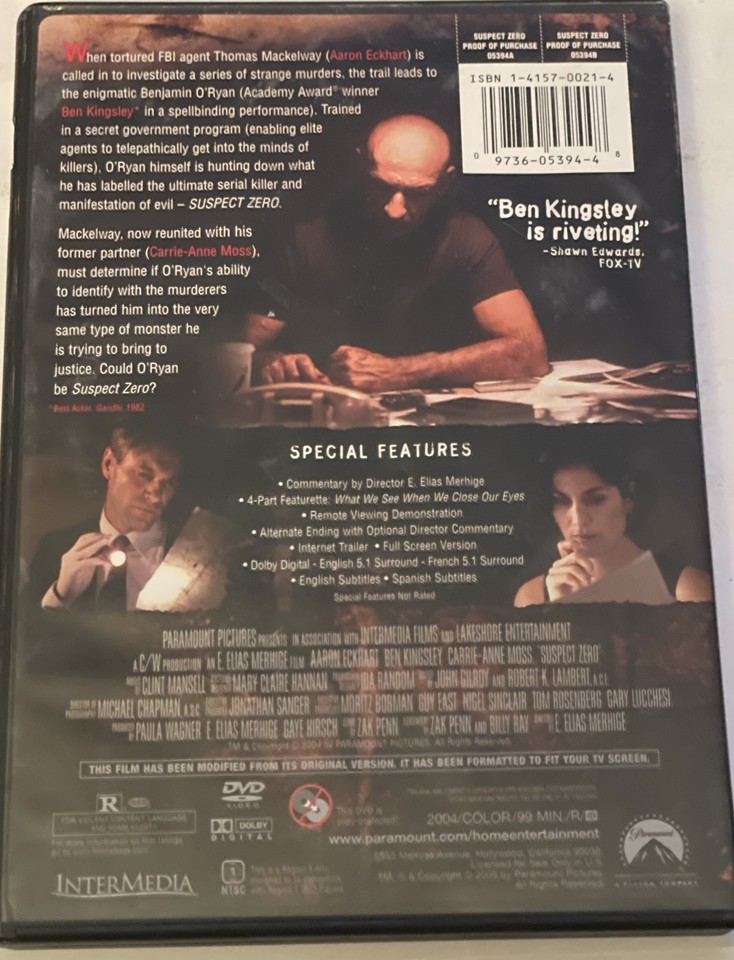 Suspect Zero (DVD, 2004) Thriller, Mystery, Aaron Eckhart, Ben Kingsley ...