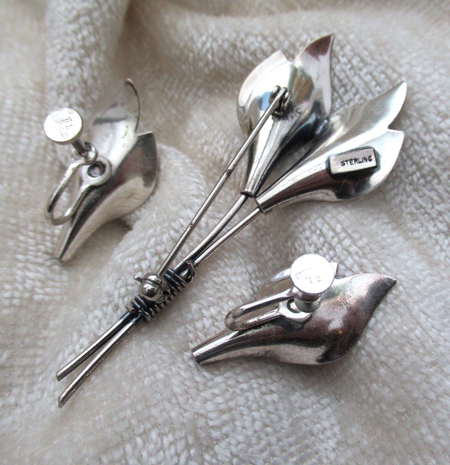 Vintage Sterling Silver Calla Lily Pin & Earrings Matching Set 925 ...