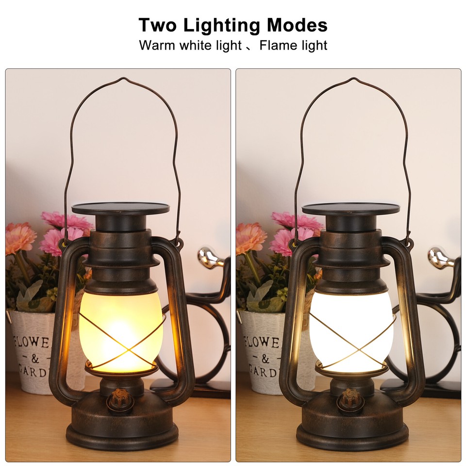 2PCS Led Vintage Solar Powered Realistic Flicker Flame Lantern w/Remote ...
