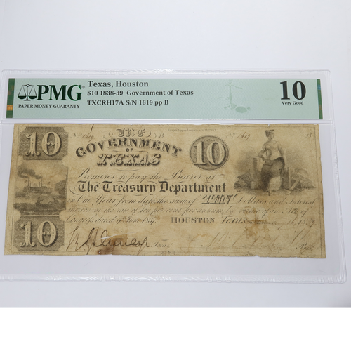 1838 39 PMG VG10 - HOUSTON, Government of TEXAS Note S/N 1619 #43935F ...