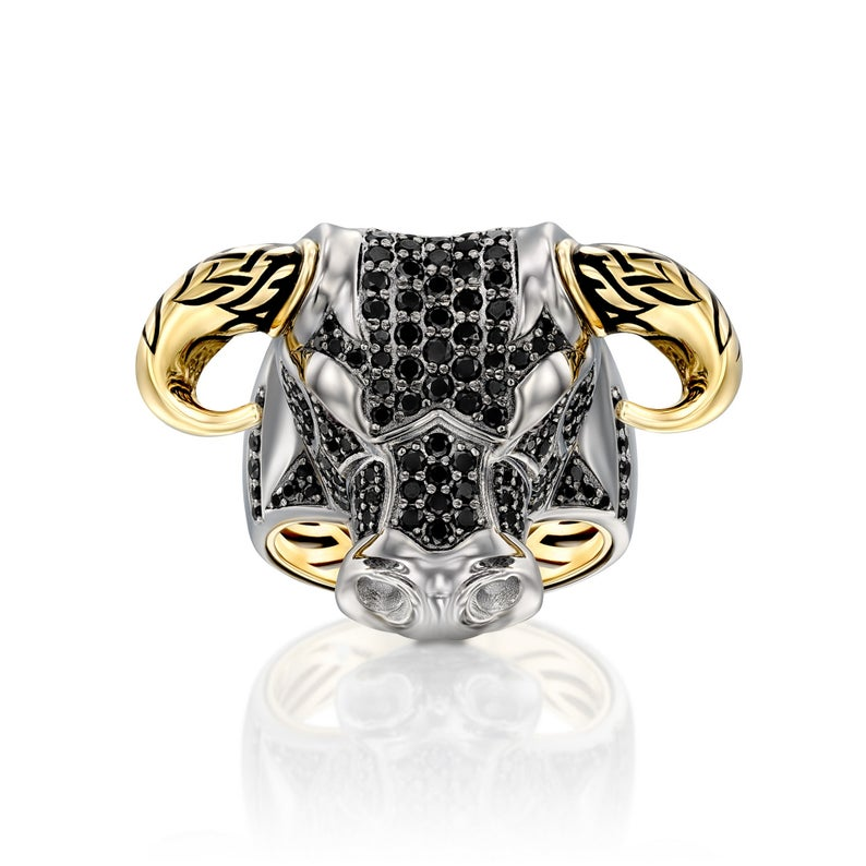 2.00CT Black Onyx & Pink Ruby Bull Face Design 935 Two Tone Silver Mem ...