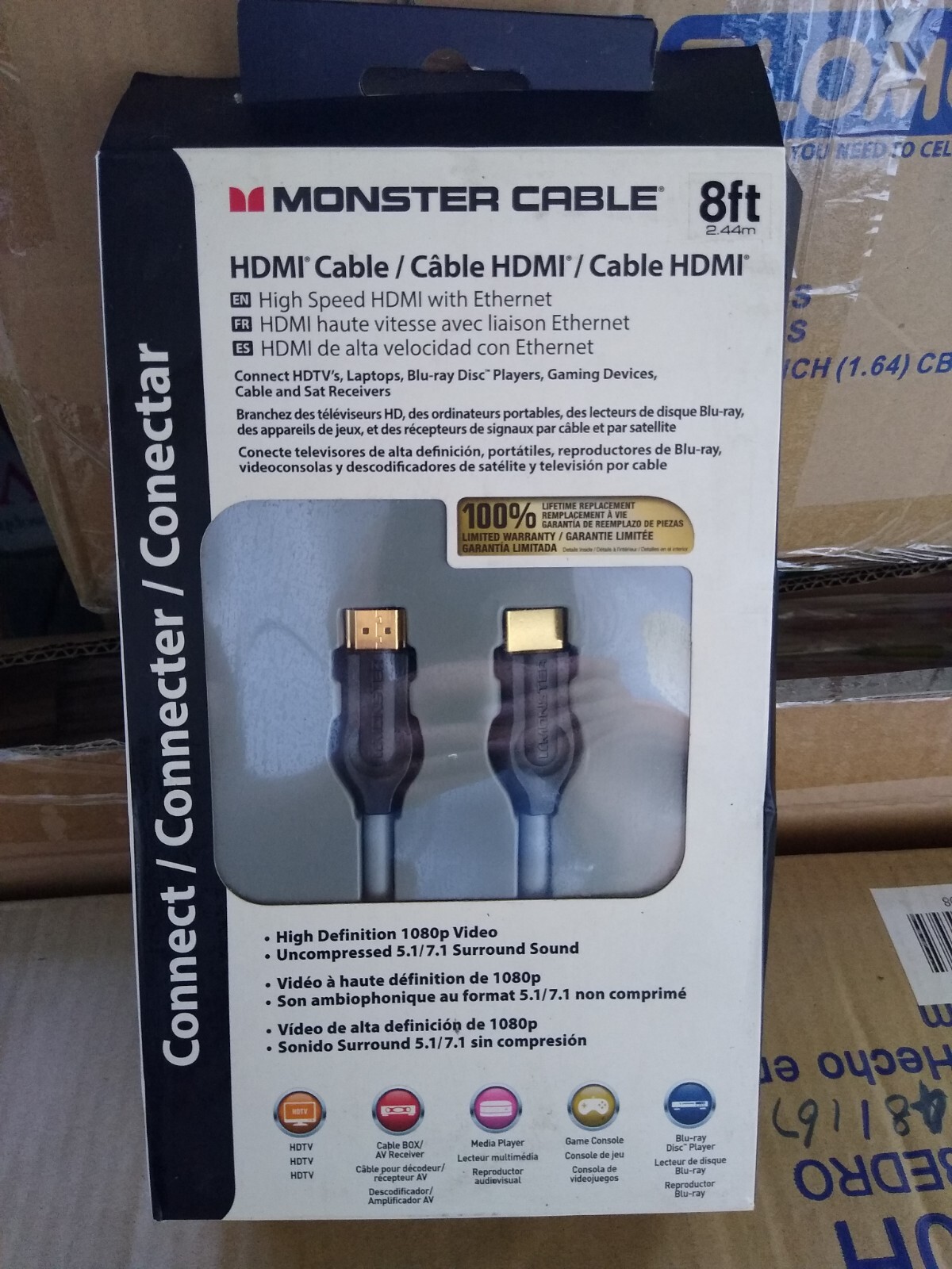 8' Monster Cable HDMI High Speed Cable w/ Ehernet 1080P 7.1 Surround ...