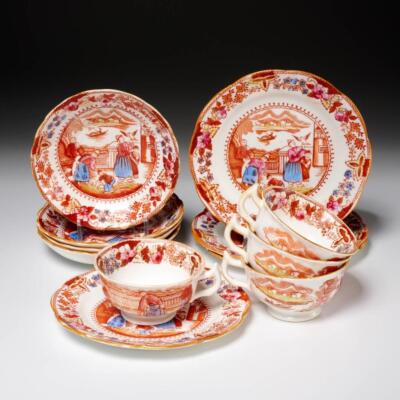 English Chinoiserie Polychrome Transferware Teacup Saucer Bread Plate 4 ...