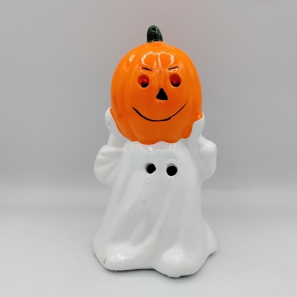 Vintage Halloween Ghost Holding Jack O Lantern Pumpkin Ceramic Figurine ...