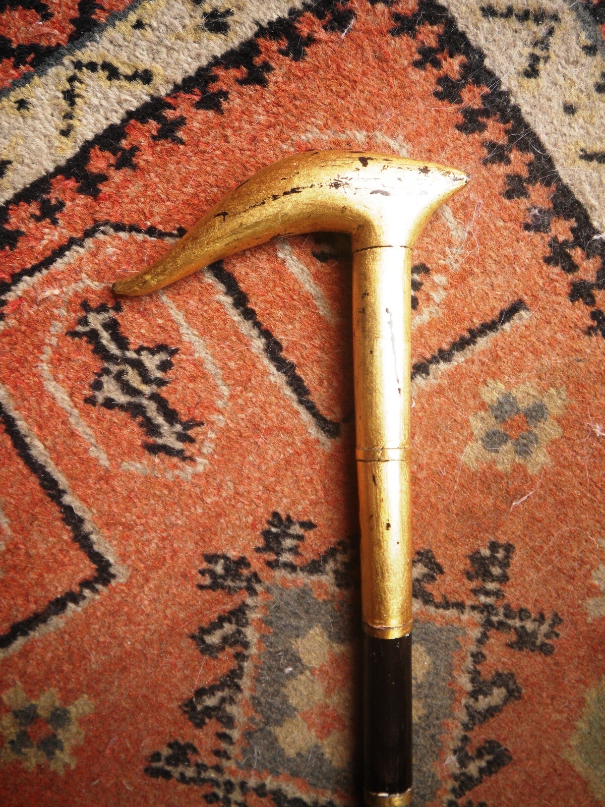 Antique Walking Stick Gilt Handle Segmented Horn Wood Cane Gold & Black ...