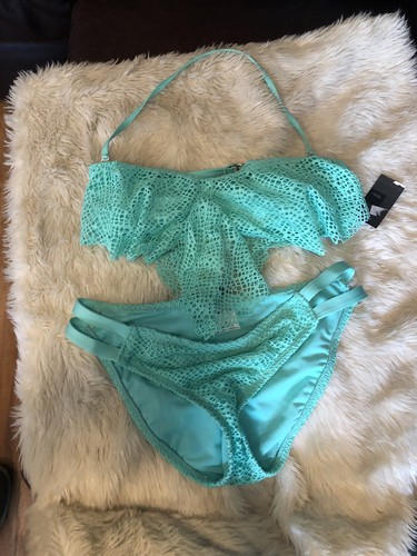 MOSSINO Green Halter Bikini Swim Top & Bottom Medium Removable Pads ...