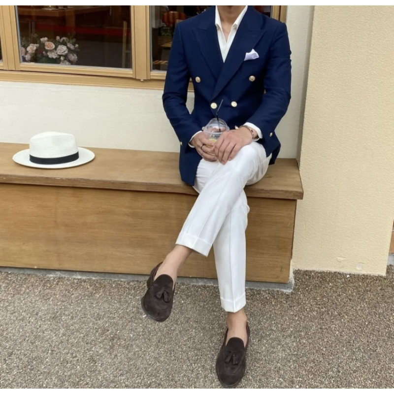 Men Casual Business Metal Buckle Suit Blazer Coat Double Breasted ...