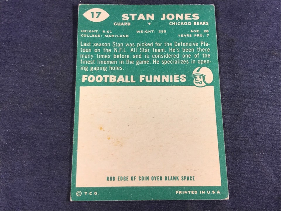 N4-77 FOOTBALL CARD - STAN JONES CHICAGO BEARS - 1960 TOPPS - CARD #17 ...