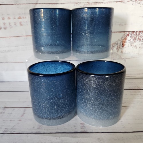 Mexican Cobalt Blue Rim Hand Blown Frosted Bubble Rocks Glasses Set 4 ...